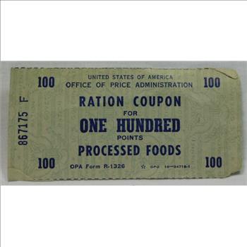 Vintage WWII Ration Coupon - One Hundred Points - Processed Foods ...