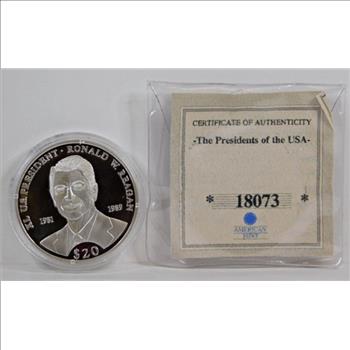 .999 Fine Silver $20 Ronald Reagan Commemorative Proof Silver Coin - 20 ...