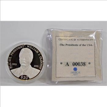.999 Fine Silver $20 William J. Clinton Commemorative Proof Silver Coin ...