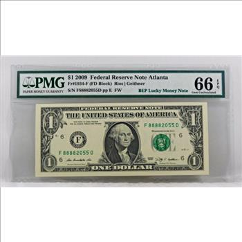 BEP $1 Lucky Money Note Fancy Serial Number Straight 8's 2009 $1 FRN ...