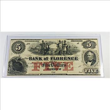 Chartered 1856 $5 Bank of Florence, Nebraska*Unissued Obsolete Bank ...