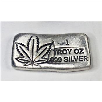 Hand-poured One Troy Ounce .999 Silver Bar*Marijuana Leaf | Property Room