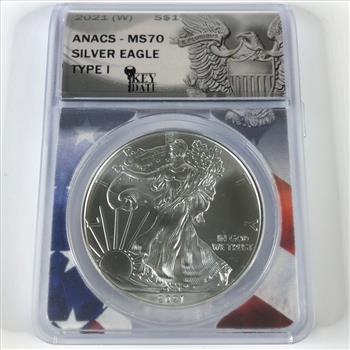 KEY DATE*2021-(W) Type 1 American Silver Eagle*Graded MS70 by ANACS*1oz .999 Fine Silver ...