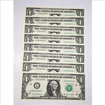 Lot of Eight (8) CONSECUTIVE NUMBERED MISCUT $1 Federal Reserve Notes ...