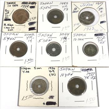 Lot of Eight (8) Japanese Coins: 10 Yen, 10 Sen, 5 Sen and 5 Yen ...