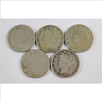Lot of Five (5) Liberty Head "V" Nickels: 1899, 1905, 1908, 1912 and 1907 | Property Room