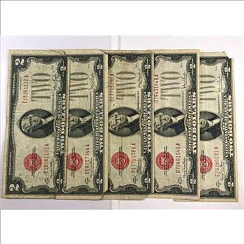Lot of Five Series 1928 United States $2 RED SEAL Notes*Circulated ...