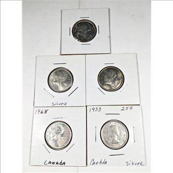 Lot of Five Silver Canadian Quarters: 1953, 1968, 1968, 1968 and 1962 ...
