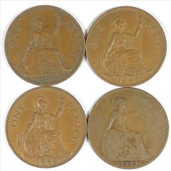 Lot of Four (4) Great Britain One Penny Coins: 1949, 1919, 1949 and ...