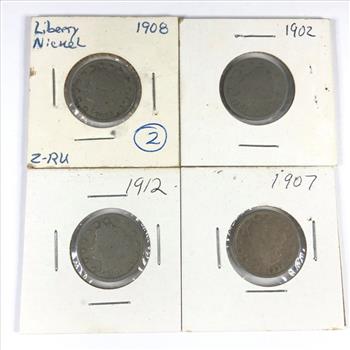 Lot of Four (4) Liberty Head "V" Nickels: 1908, 1912, 1902 and 1907 | Property Room