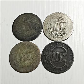 Lot of Four Undated 1800's Silver 3 Cent Pieces | Property Room