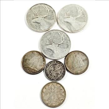 Lot of Seven Canadian Silver Coins: Four Dimes and Three Quarters ...