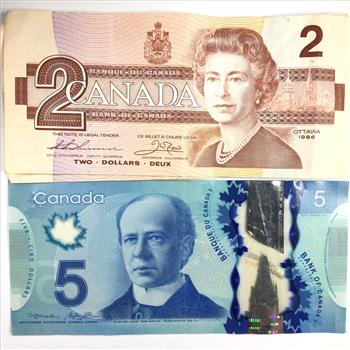 Lot of Six (6) Modern/Current Canadian Currency*Three $2 Banknotes and ...