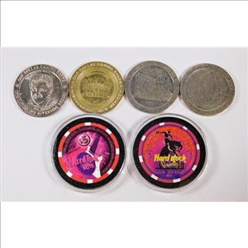 Lot of Six Gaming Tokens*Two $5 Hard Rock and Four $1 Various Casinos ...