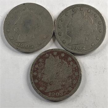 Lot of Three Liberty Head "V" Nickels: 1905, 1907 and 1903 | Property Room