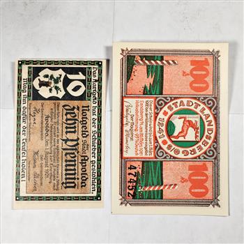 Lot of Two German Notgeld (EMERGENCY ISSUE GERMAN CURRENCY) : One 1 ...