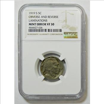 MINT ERROR 1919-S Buffalo Nickel w/Obverse & Reverse Planchet ...