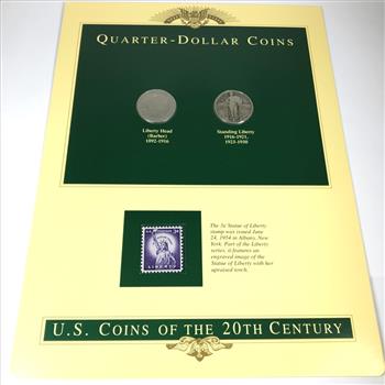 Quarter Dollar Coins Plus 1954 Commemorative Stamp*1898 Silver Barber ...