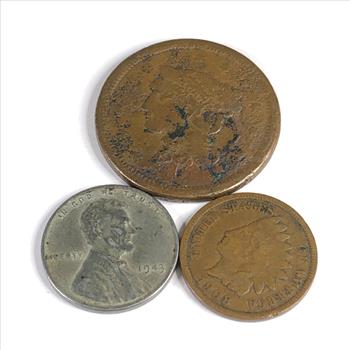 Undated Large Cent, 1943 Lincoln Head Steel Cent and 1908 Indian Head ...