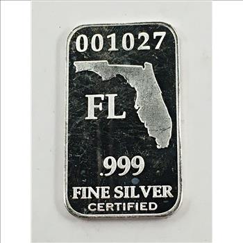 US State of Florida Silver Bar*Full Troy Oz.*.999 Fine Certified Silver ...