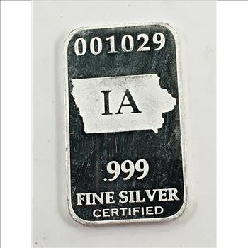 US State of Iowa Silver Bar*Full Troy Oz.*.999 Fine Certified Silver ...