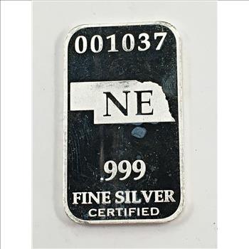 US State of Nebraska Silver Bar*Full Troy Oz.*.999 Fine Certified ...