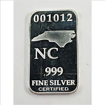 US State of North Carolina Silver Bar*Full Troy Oz.*.999 Fine Certified ...