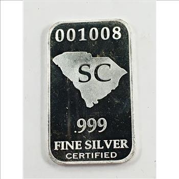 US State of South Carolina Silver Bar*Full Troy Oz.*.999 Fine Certified ...