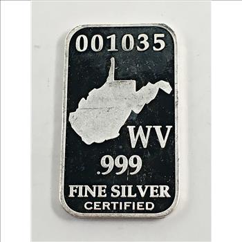 West Virginia State Commemorative One Troy Ounce .999 Fine Silver Bar ...