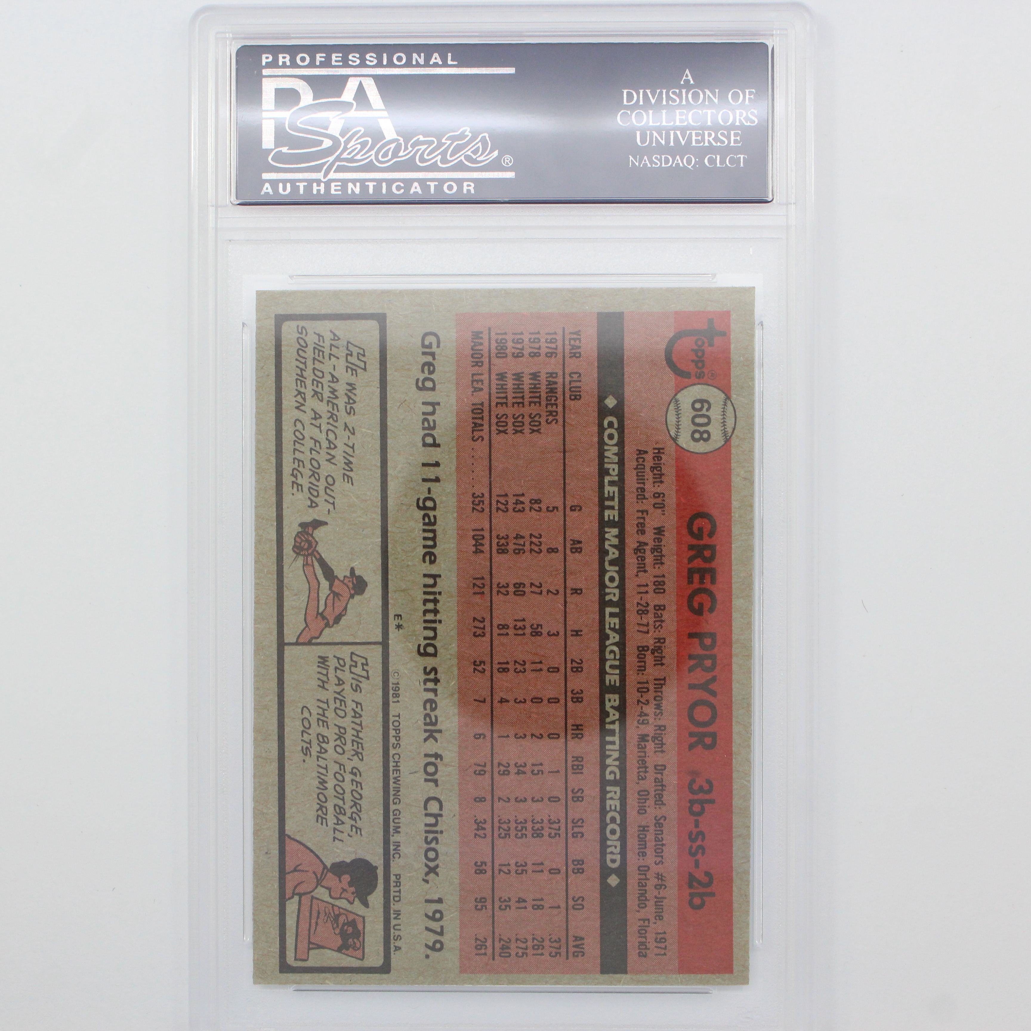 1981 Topps Greg Pryor White Sox PSA NM - MT 8 (OC) 24066224 | Property Room