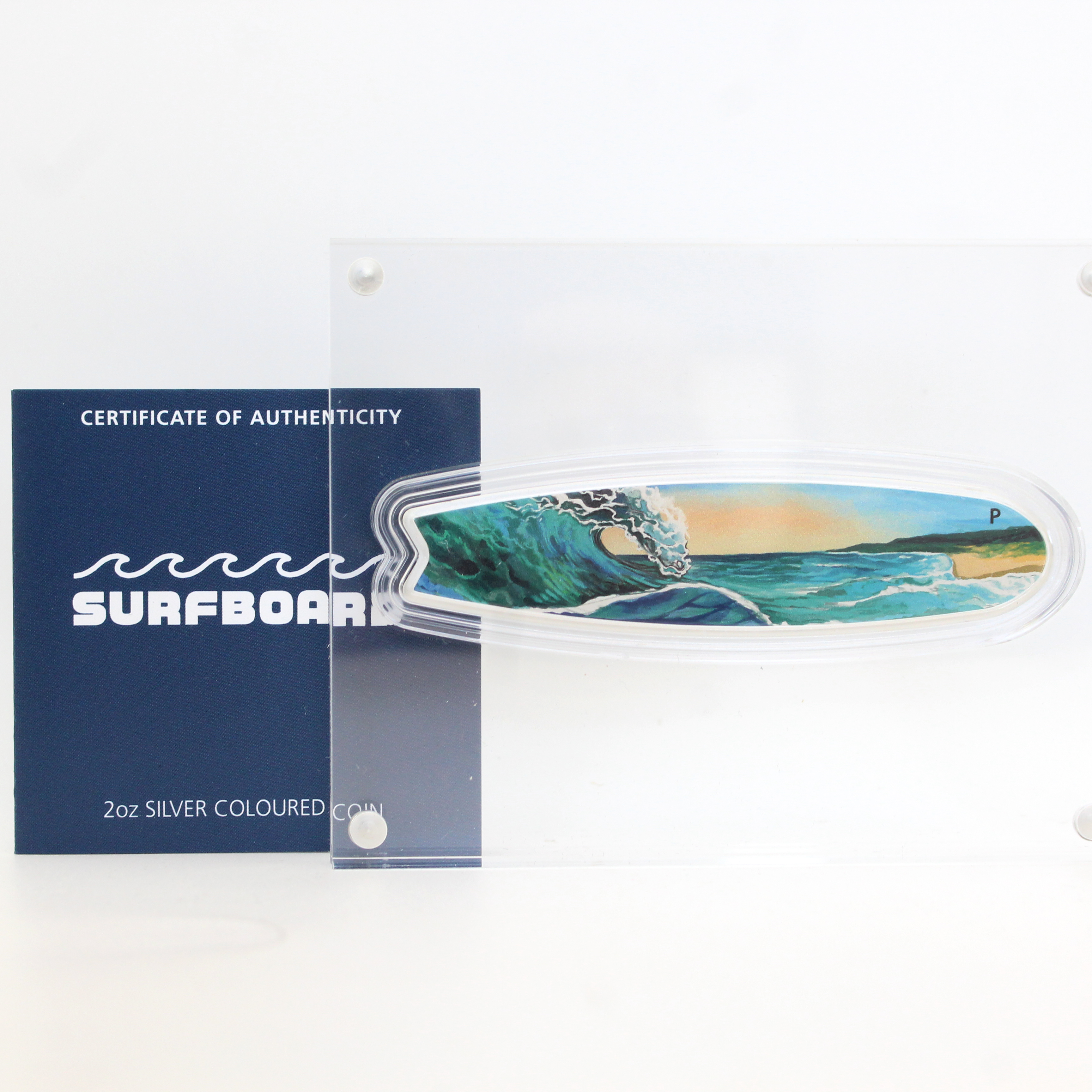 2020 2 Troy Oz 99.99 Fine Silver Colorized Surfboard Shaped Coin w ...