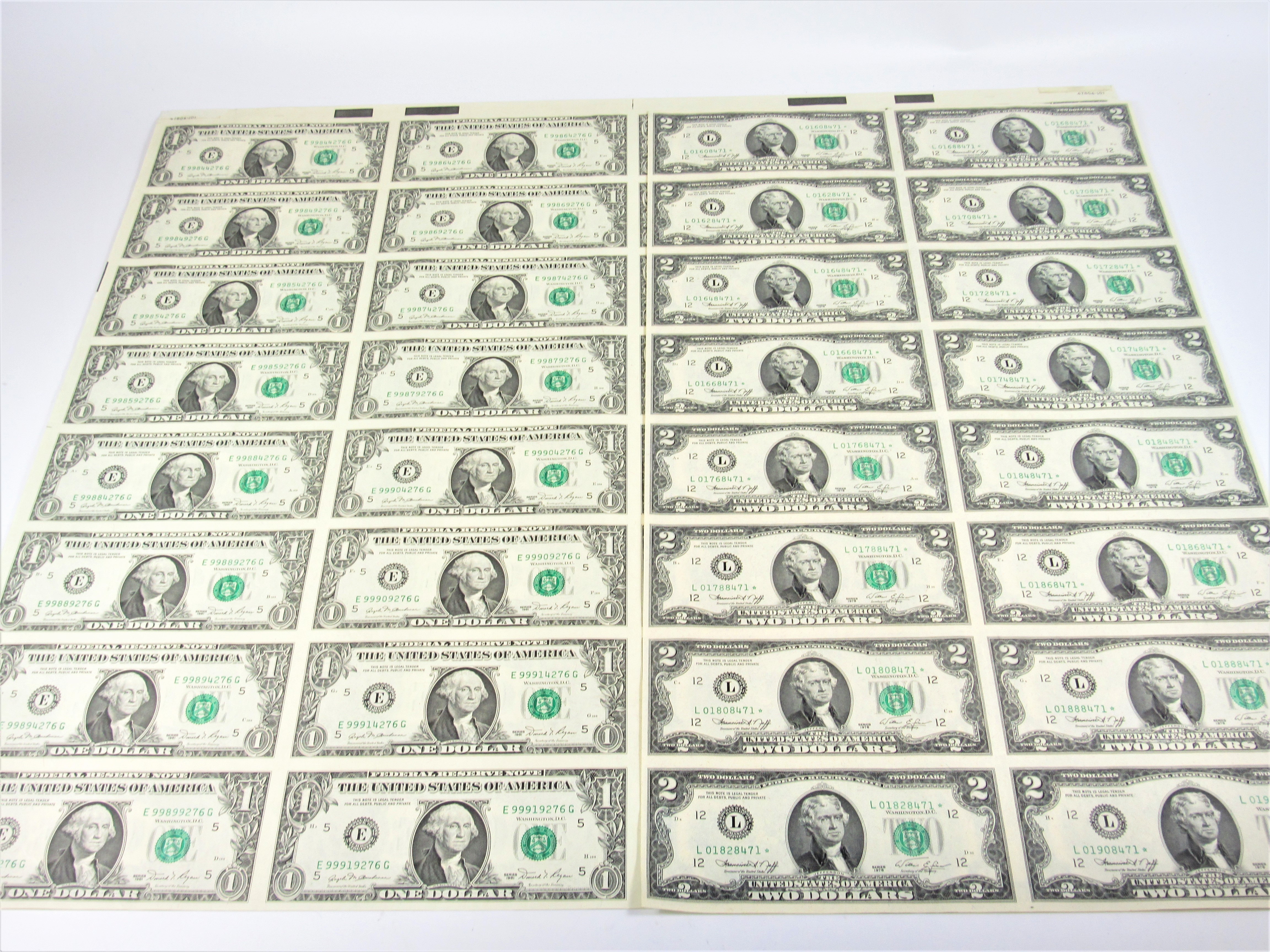 Bulk Paper Money Pages $2 Dollar Bill 1976 Series & $1 Dollar Bills ...