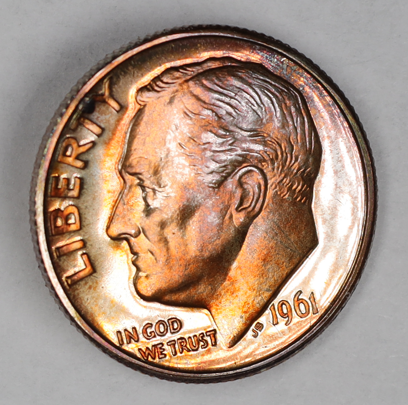 1961 Proof Silver Roosevelt Dime - Amazing Multi-Color Natural Tone ...