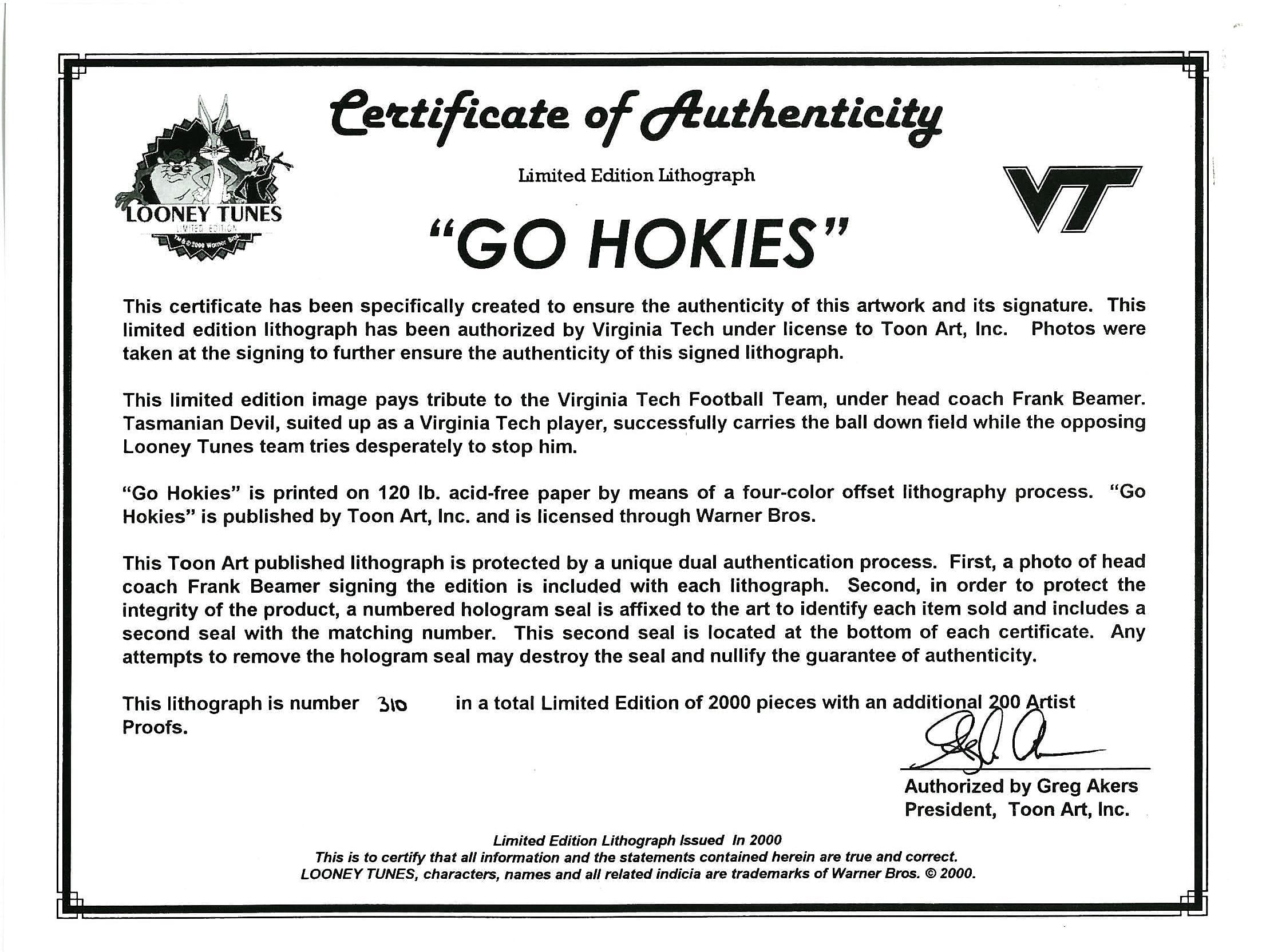 Virginia Tech - Frank Beamer Signed Looney Tunes LE Lithograph ...