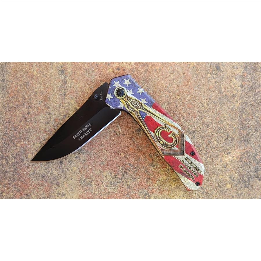 8" Masonic Pocket Knife Square and Compasses Freemasons US Flag ...