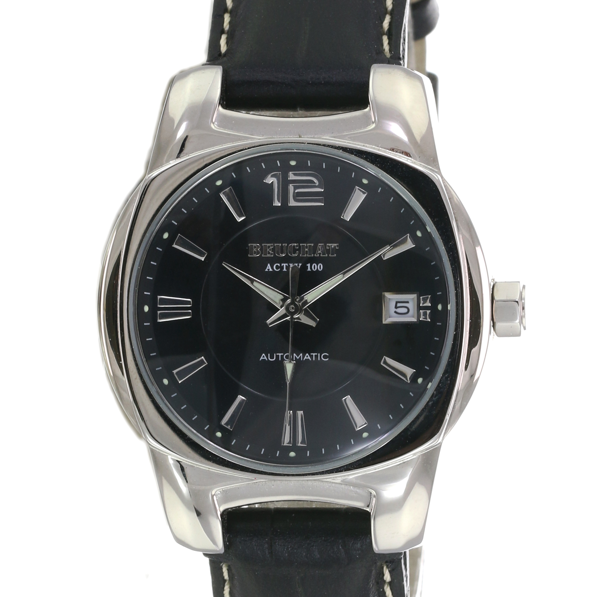 Swiss Made BEUCHAT Mens Watch Activ100 Black Index Dial Steel Automatic ...