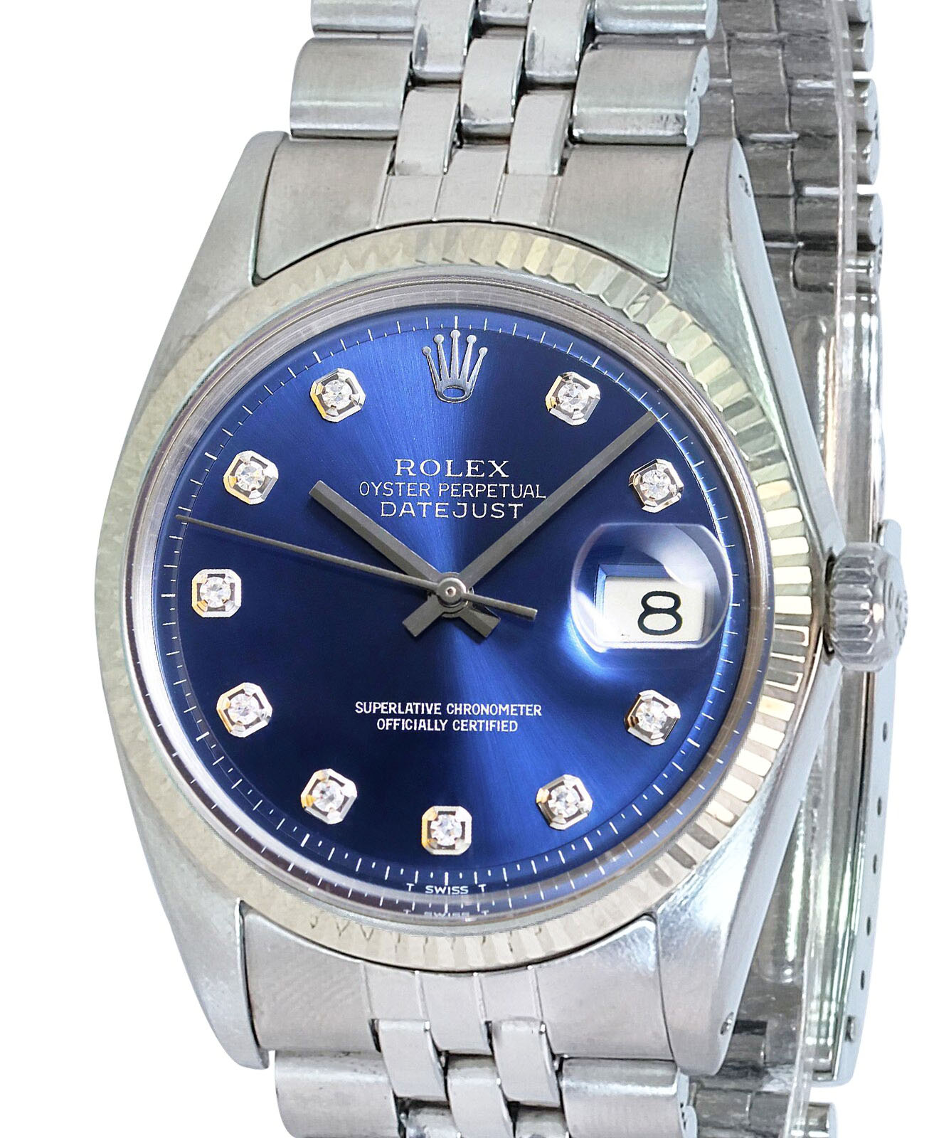 ROLEX MEN'S DATEJUST S STEEL WATCH BLUE DIAMOND DIAL FLUTED BEZEL 36MM ...