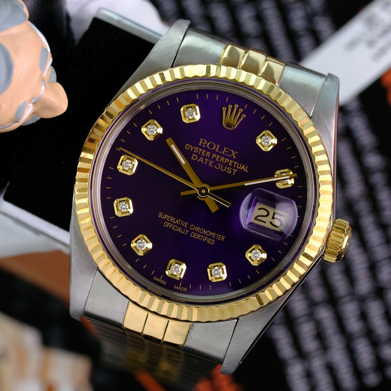 Rolex Mens Datejust Two-tone Purple Diamond Dial 18K Fluted Bezel 36mm ...