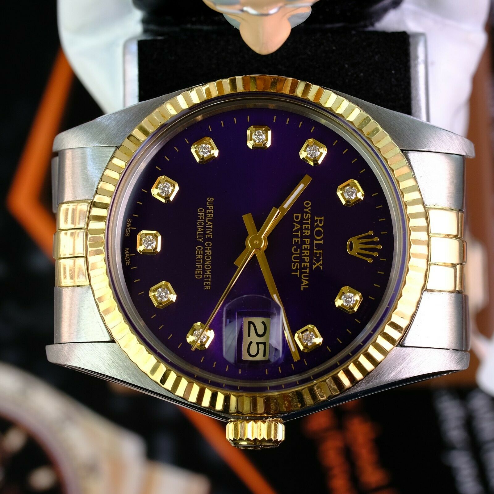 Rolex Mens Datejust Two-tone Purple Diamond Dial 18K Fluted Bezel 36mm ...
