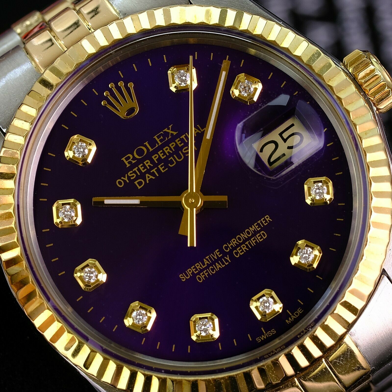 Rolex Mens Datejust Two-tone Purple Diamond Dial 18K Fluted Bezel 36mm ...