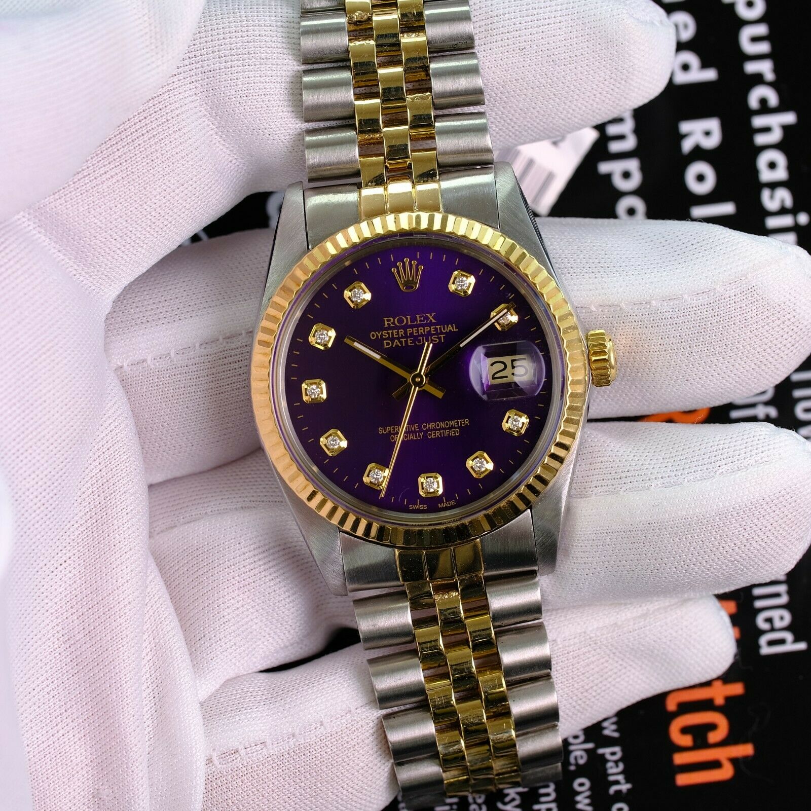 Rolex Mens Datejust Two-tone Purple Diamond Dial 18K Fluted Bezel 36mm ...