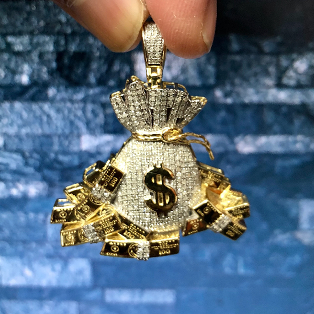 10K Yellow Gold Diamond Money Bag 100 Dollar Stacks Men's Pendant 1.85 ...
