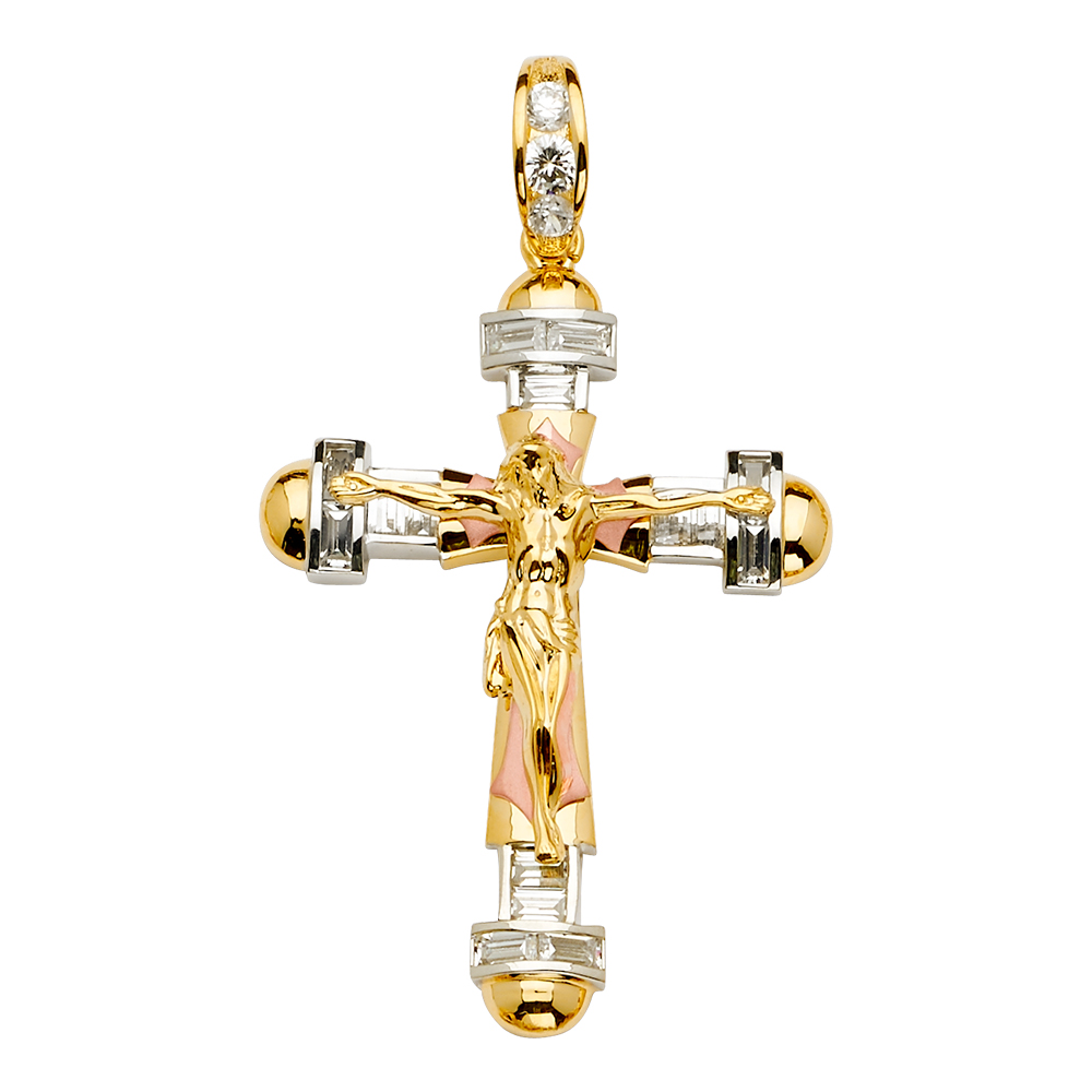 14K Tri Color Gold Cubic zirconia Crucufix Cross Pendant | Property Room