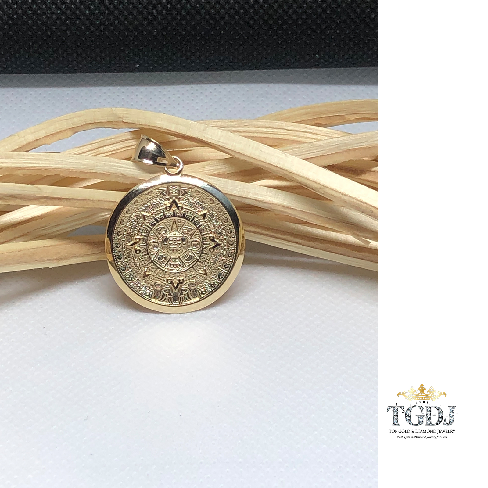 Gold Aztec Charm Mayan Calendar Pendant, 1" Diameter | Property Room