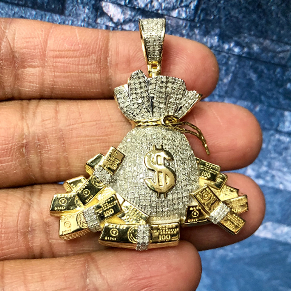 10K Yellow Gold Diamond Money Bag 100 Dollar Stacks Men's Pendant 1.85 ...