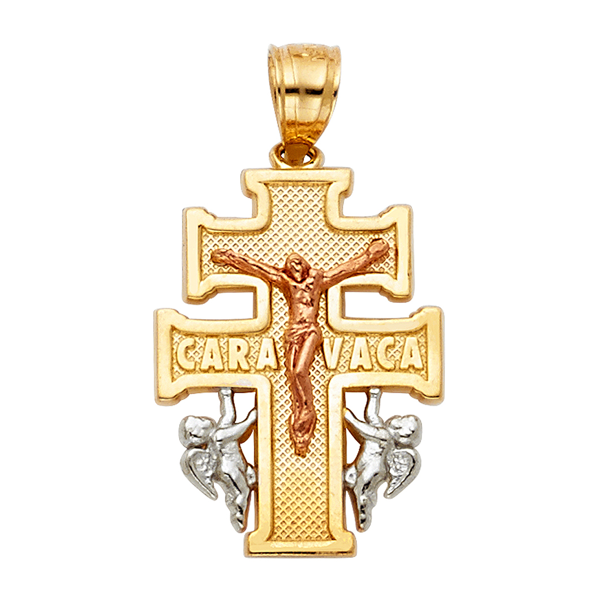 14K Tri Color Yellow Rose White Gold Jesus Crucifix Cross with Angel ...