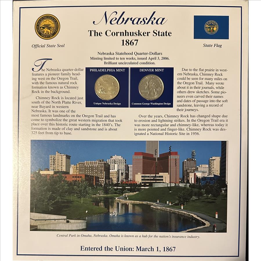 >2006 (P&D) U.S. Nebraska Quarters with 3 Historic Stamps on Collector ...