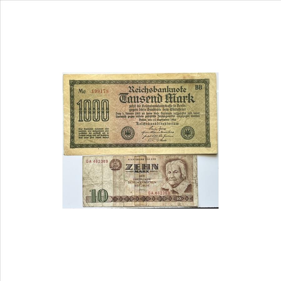 * 1922 German Reichsbanknote - 1,000 Mark and 1971 East Germany 10 Zehn ...