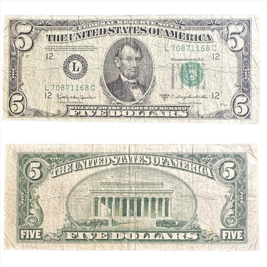 >1950 D United States Five Dollars ($5) Federal Reserve Note - Green ...