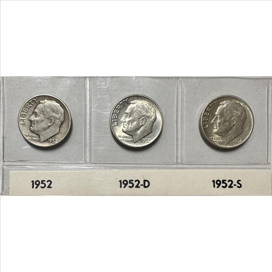 1952 (P,D&S) U.S. Silver Roosevelt Dimes - 3 Coins - 3 Different Mint ...
